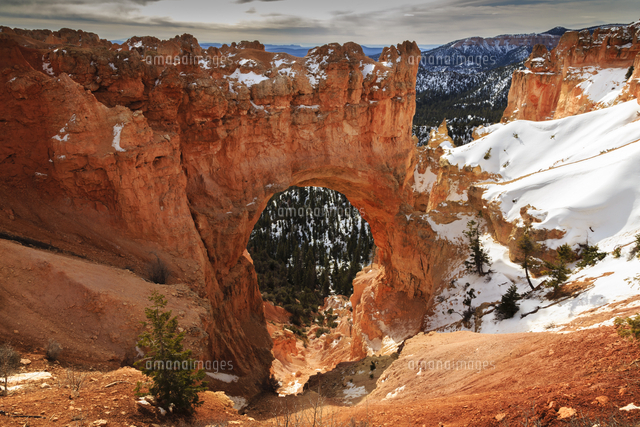 Red-hued limestone arch lit by morning sun with snowy cliffs in winter ...