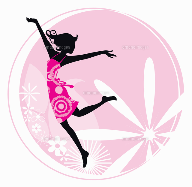 Exuberant woman dancing with flower pattern background[20039005204]の写真 ...