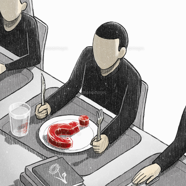 Boy in canteen with raw meat question mark lunch[20039007456]の写真素材・イラスト ...