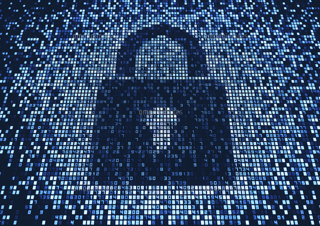 Padlock on lots of numbers on huge diminishing perspective digital ...