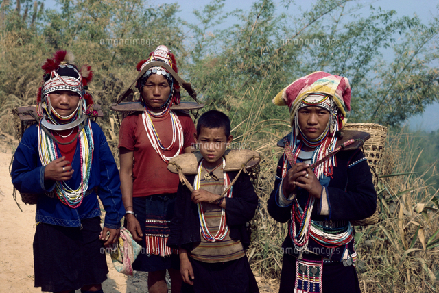 Group from the Aka (Akha) Hill Tribe in traditional dress, Chiang Rai ...