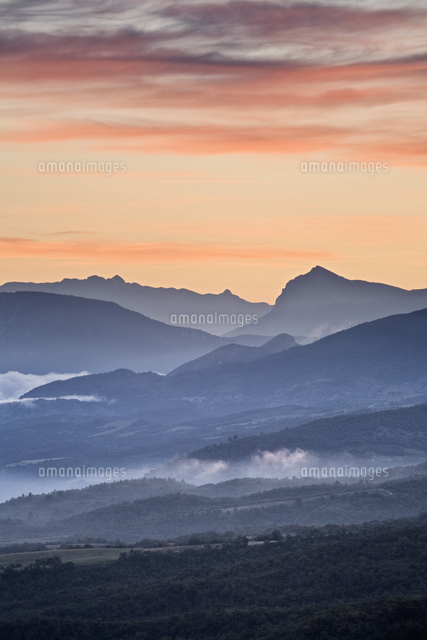 Dawn over Vallee de l'Asse and Alpes-de-Haute-Provence from the Plateau ...