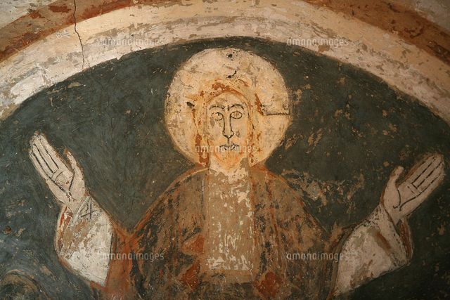 A 12th century Romanesque fresco depicting Jesus Christ in St. Chef ...