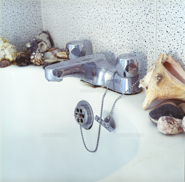 Chrome bath taps plug and waste surrounded by sea shells. London ...