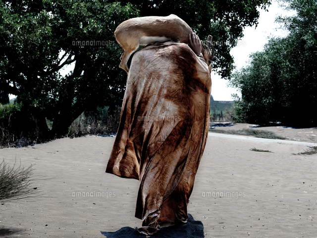 Figure wearing a drape on beach with stuffed animal on top[20071010196 ...