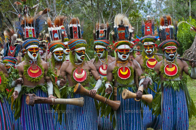 Colourfully decorated and painted tribesmen celebrating the[20080013179 ...