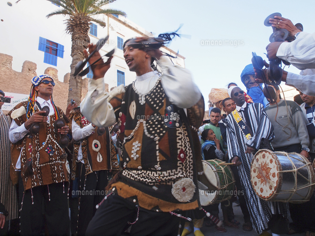 Musicians at the grand opening parade of the Gnaoua Festival (third ...