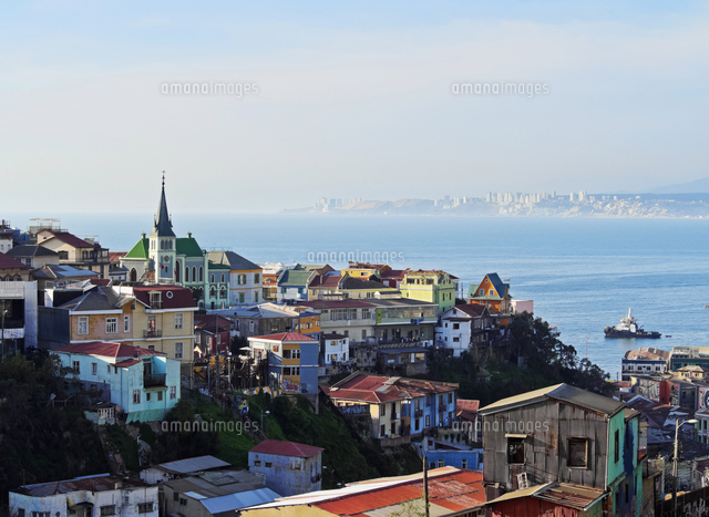Chile, Valparaiso, Elevated view of the historic quarter Cerro ...
