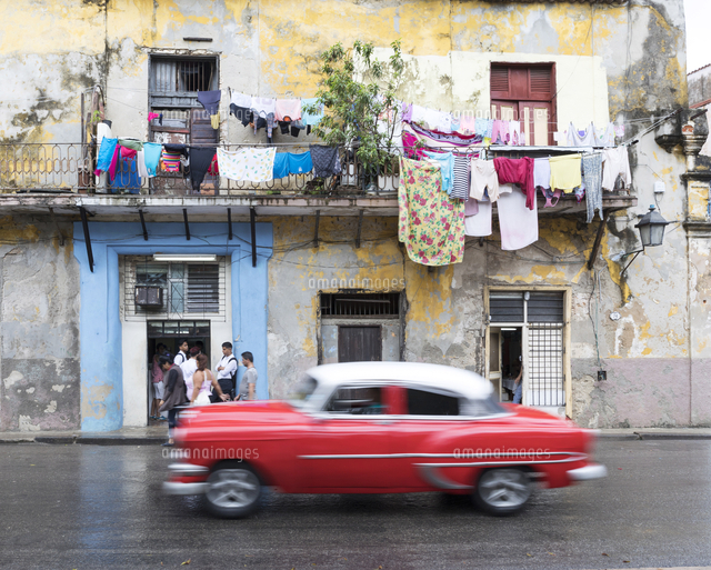 classic american car passes old buildings, Havana, la habana, Cuba ...