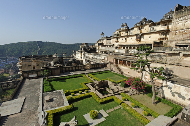 India, Rajasthan, Bundi. The small formal gardens of the Ummed Mahal, a ...