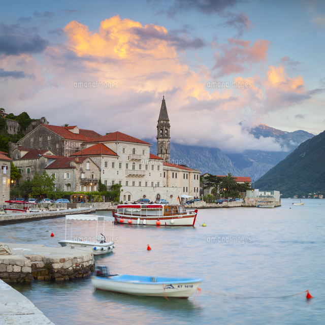 The picturesque coastal village of Perast illuminated at sunset, Perast ...