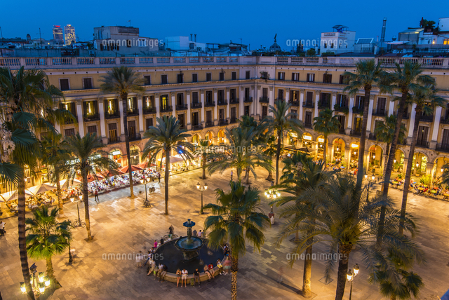 Night top view over Placa Reial or Plaza Real, Barcelona, Catalonia ...