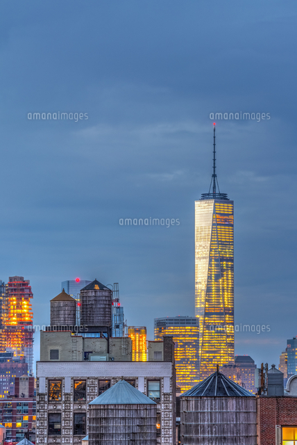 USA, New York, Freedom Tower over rooftops and water tanks[20088089807 ...