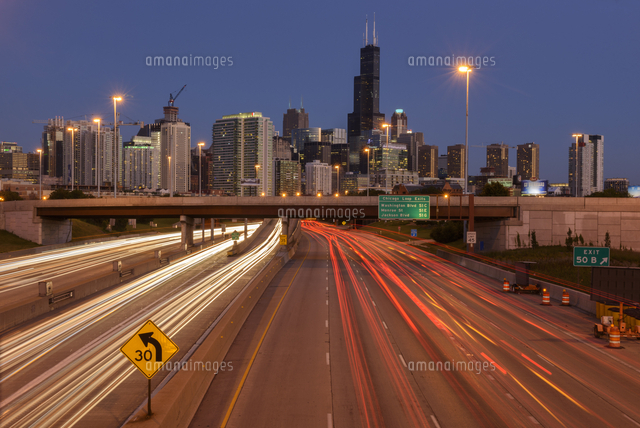 USA,Illinois, Midwest, Cook County, Chicago, Kennedy Freeway at night ...