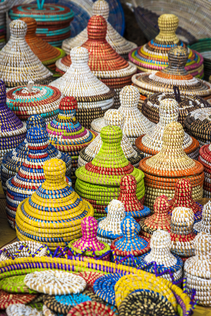 Africa, Senegal, Dakar. Handmade baskets on sale on the road towards ...
