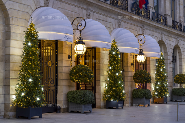 France, Paris, Place de Vendome , Ritz Hotel with Christmas decorations ...