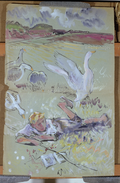 Nils guarding the geese, illustration from 'The Wonderful Ad ...