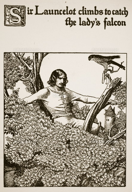 Sir Launcelot climbs to catch the lady's falcon, illustratio ...