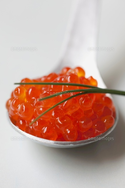 Salmon caviar with chives on a spoon[22199068277]の写真素材・イラスト素材｜アマナイメージズ