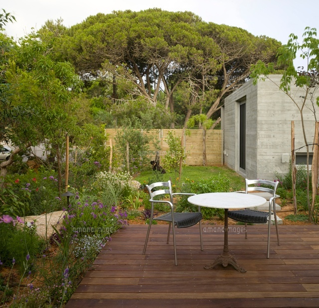 Garden furniture on decked terrace, Hofit House, Israel, Arc ...