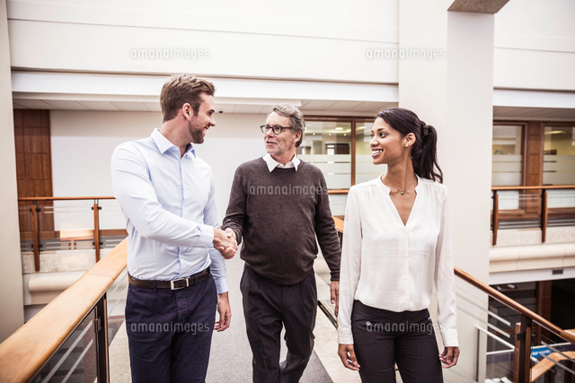 Senior businessman shaking hands with client on office walkway ...