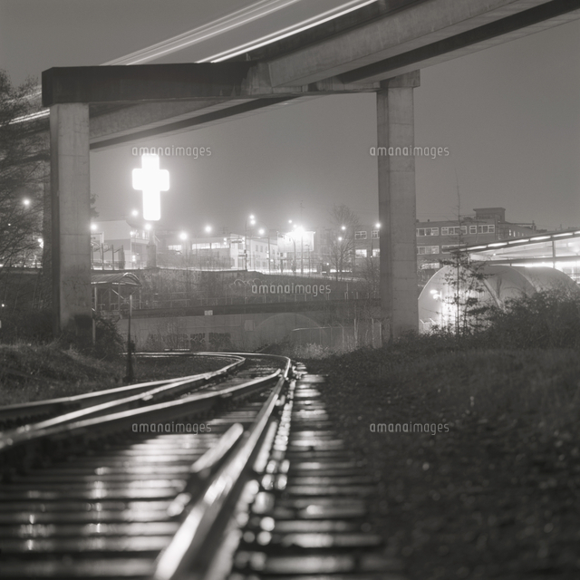 SkyTrain lines and railway track with 'East-Van' sign in ba[11016026648 ...