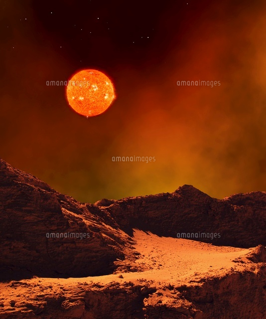 A rugged planet landscape dimly lit by a distant red star.[11079008827 ...