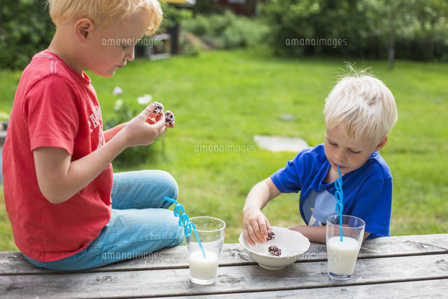 Sweden, Stockholm Archipelago, Grasko, Boys (4-5, 6-7) eating outdoors ...