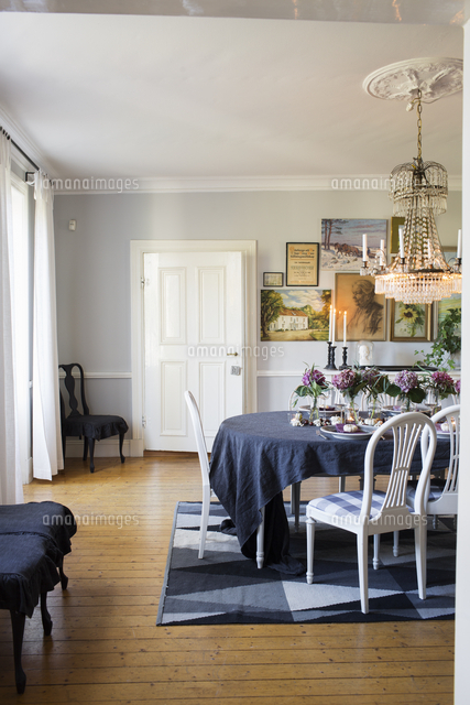 Chandelier above place setting on dining table[11090028763]の写真素材・イラスト素材 ...