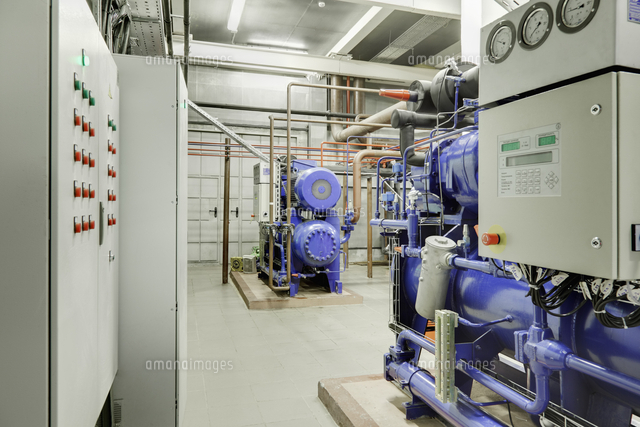 Compressor station in an ice rink, machinery used for rink ice cooling ...