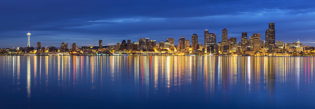 USA, Washington State, Puget Sound and skyline of Seattle wi ...