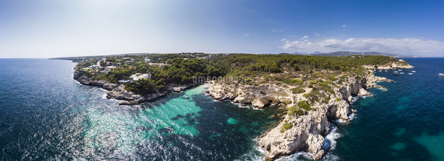 Spain, Mallorca, Aerial view of bay Cala Falco and Cala Bell ...