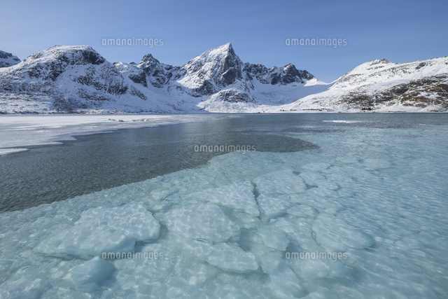Clear water covers icy bay at Flakstadpollen, Flakstadテクy, Lofoten ...