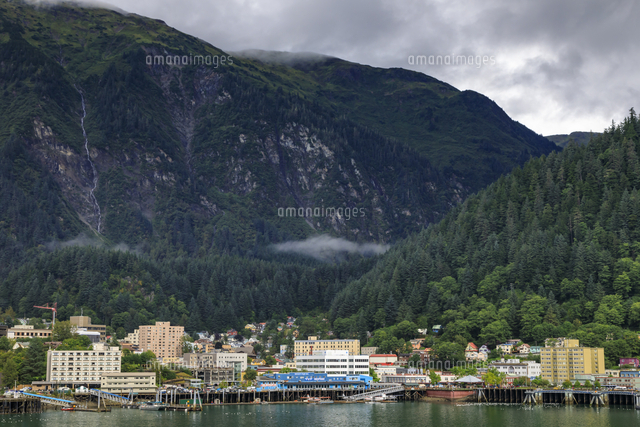Juneau, State Capital, view from the sea, mist clears over downtown ...