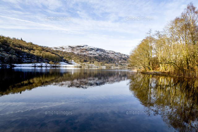 A perfect reflection of snow covered mountains and sky in the still ...