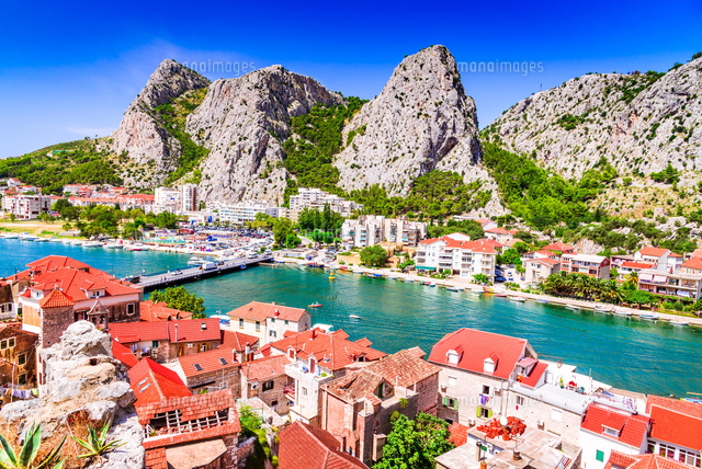 Omis, Croatia. Dalmatia Coast panorama with emerald-green Cetina River, Croatian travel landmark ...