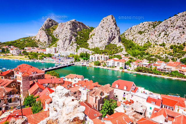 Omis, Croatia. Dalmatia Coast panorama with emerald-green Cetina River, Croatian travel landmark ...