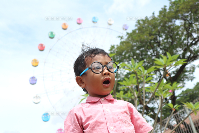 low angle view of shocked boy standing against ferris wheel[11115284337 ...