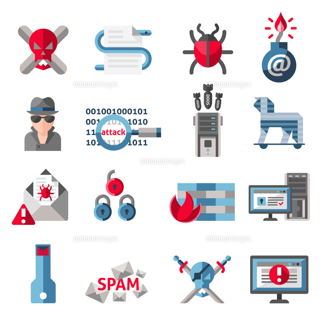 Hacker activity computer and e-mail spam viruses icons set isolated vector illustration ...