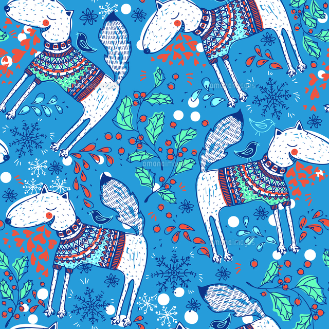 Christmas vector seamless pattern with swiling dogs and holly berries ...